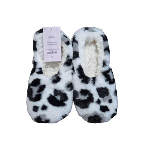 Auden | Shoes | Auden Faux Fur Leopard Slipper Socks Black White Animal ...
